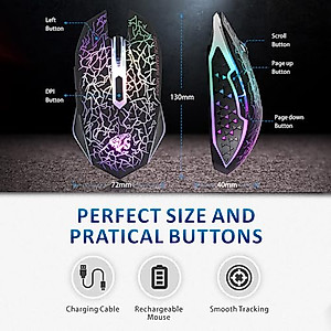 TENMOS M2 Wireless Gaming Mouse, Silent Rechargeable Optical USB Computer Mice Wireless with 7 Color LED Light, Ergonomic Design, 3 Adjustable DPI Compatible with Laptop/PC/Notebook, 6 Buttons (Black)