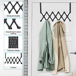 Simfree Over The Door Hooks,Retractable Stainless Steel Over The Door Hanger with 6 Hooks,Hanging Organizer Over The Door Towel Rack for Coat,Hats,Clothes,Towels,Black