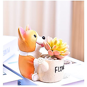 Cute Animal Small Corgi Teacup Shape Flower Pot with Drainer Garden Flower Pot Resin Succulent Potted Bonsai Plant Stand Home Desk Mini Ornaments Without Plants