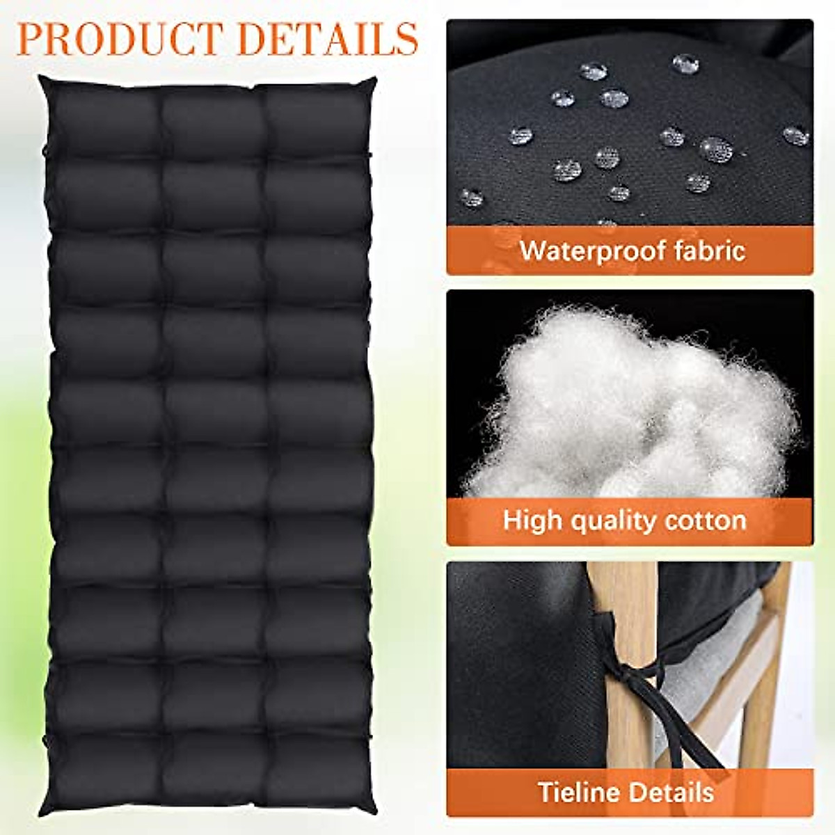 Thyle 63x19 Inch Bench Swing Replacement Cushions, 2-3 Seater Waterproof Patio Furniture Outdoor Cushions, 3 Inch Thicken Cushion, Rocking Chairs Long Bench Pad for Lawn Garden (Black,2 Pcs)