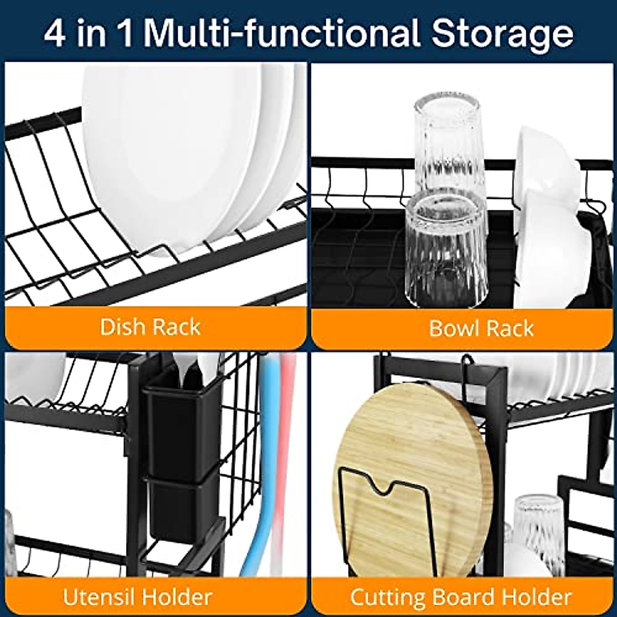 Flexzion 2 Tier Dish Drying Rack Drainboard Set, Kitchen Drying Rack Dish Drainer with Utensil Holder, Cup Hanger, Tray Plate Rack for Kitchen Countertop, Organizer, Storage Accessories, Black
