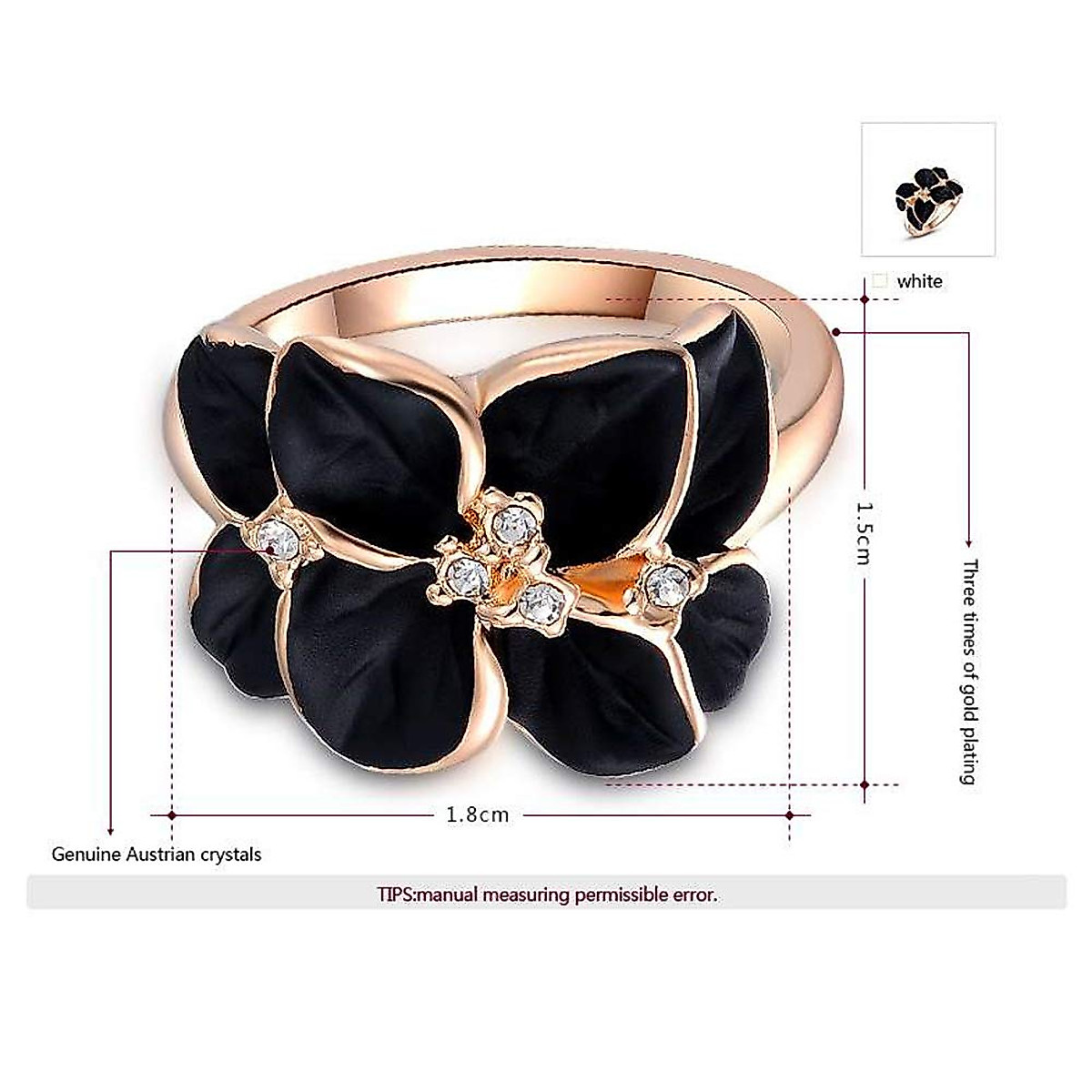 ACEFEEL Rose Gold Plated AAA Zircon Crystal Luxurious Black Enamel Flower Design Cocktail Ring Size 8