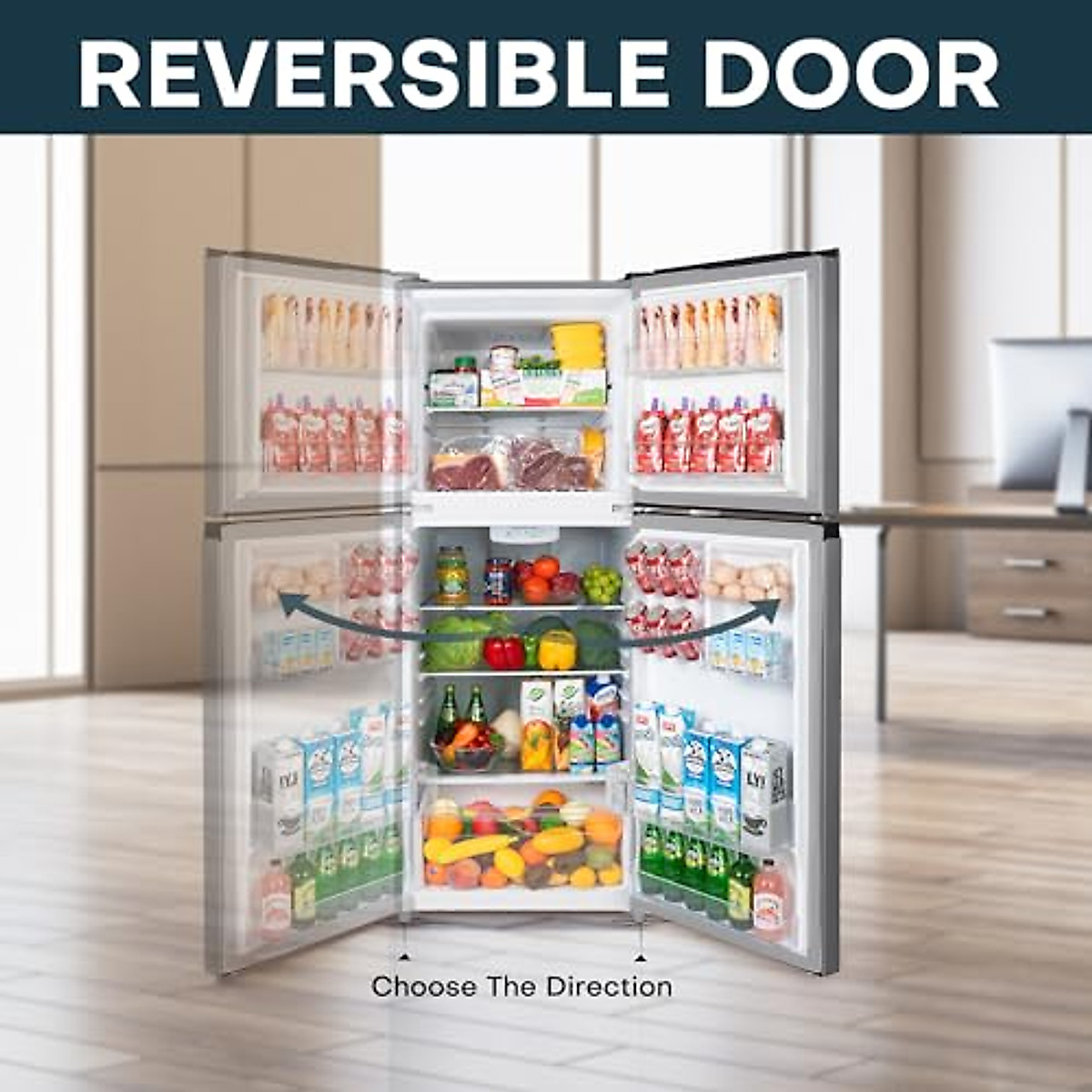 Upstreman 11.6 Cu.Ft. Double Door Fridge in Stainless Steel with Large Capacity Top Freezer, Auto Defrost, Adjustable Thermostat Control, Reversible Door Swing, ENERGY STAR