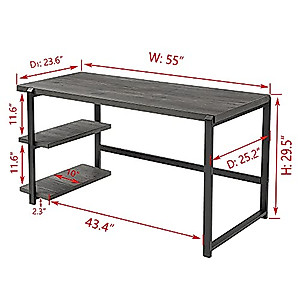 EXCEFUR Computer Desk with Shelves, 55 inch Industrial Work Desk for Home Office, Rustic Wood and Metal Study Writing Table, Grey