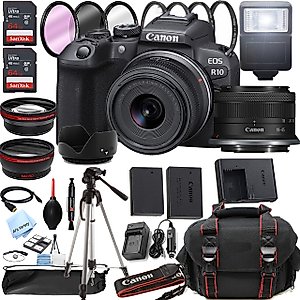 Canon EOS R10 Mirrorless Digital Camera with RF-S 18-45mm f/4.5-6.3 is STM Lens + 128GB Memory + Case + Tripod + Filters (38pc Bundle) (Renewed)