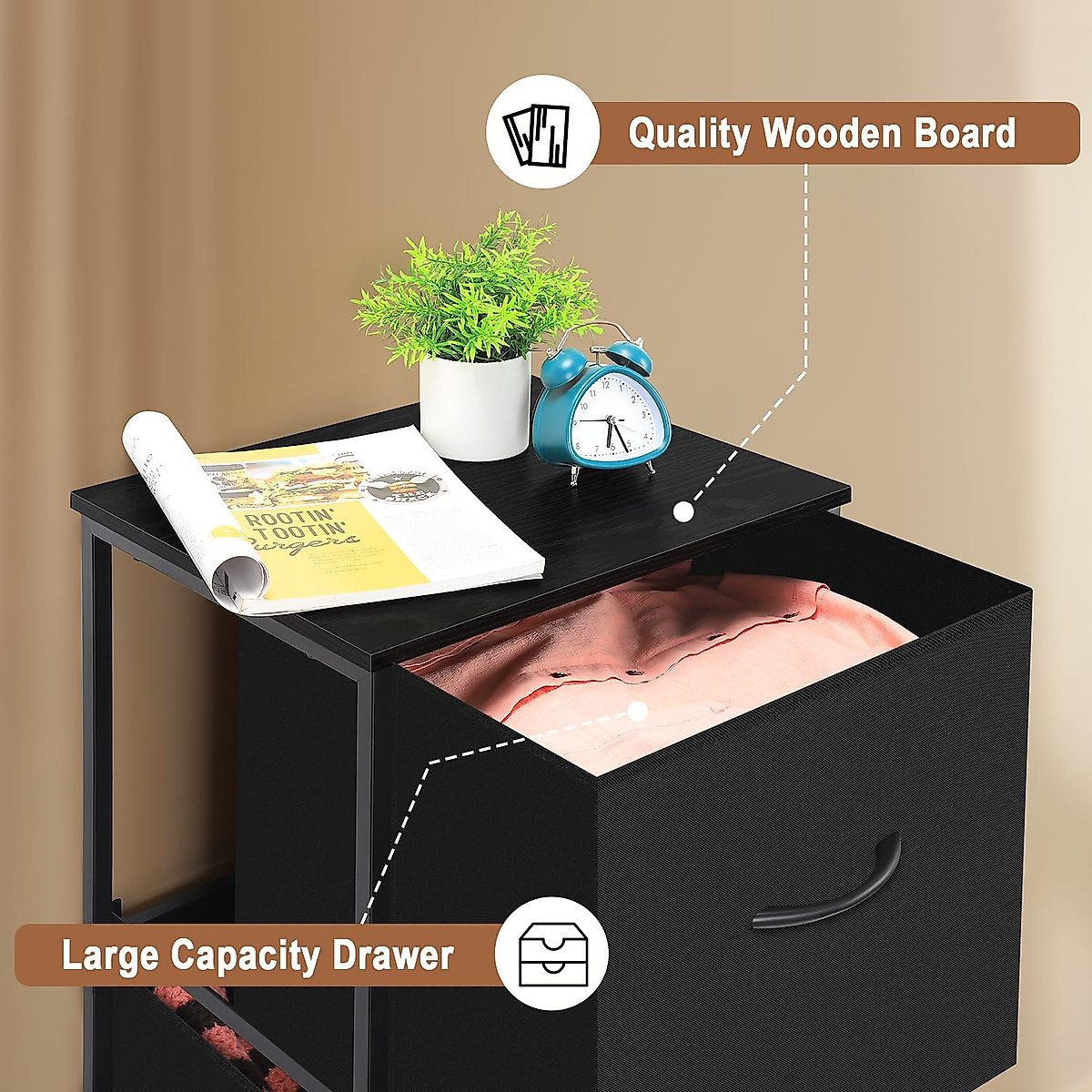 Ebeneze Dresser for Bedroom with 3 Storage Drawers, 42" Tall Fabric Closet Chests Organizer Tower Furniture with Wooden Metal Frame for Clothes, Kids, Hallway, Entryway, Small Space, Black