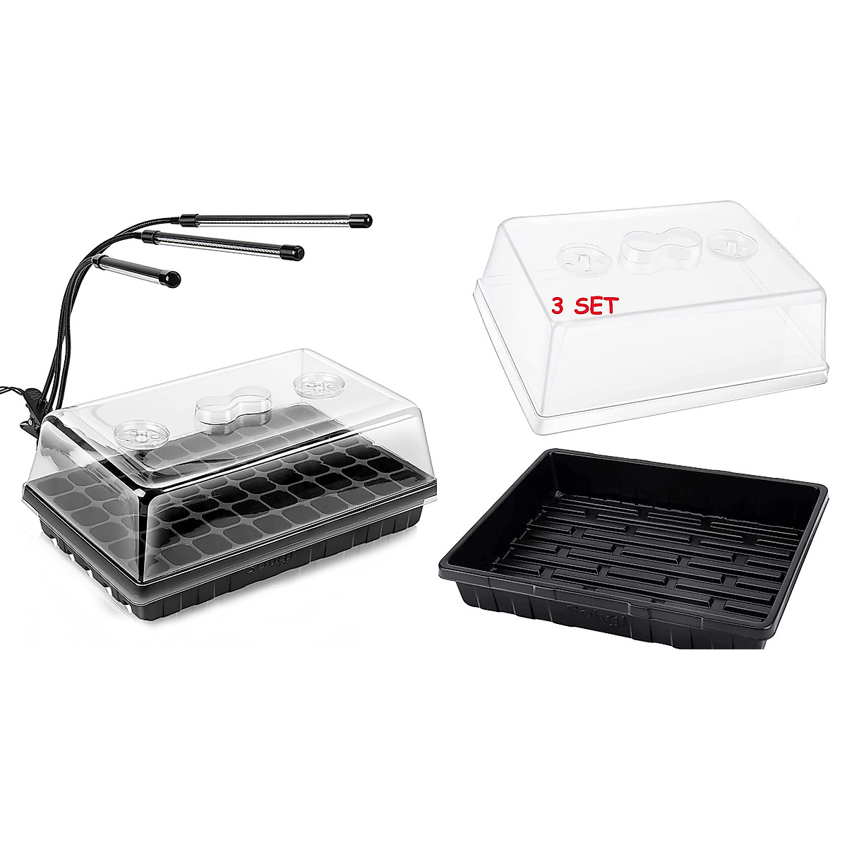 3-Set Strong Plant Growing Trays with Humidity Domes & Seed Starter Kit with Grow Light for Seed Growing Germinating, Starting, Cutting Clone & Plant Propagation Kit
