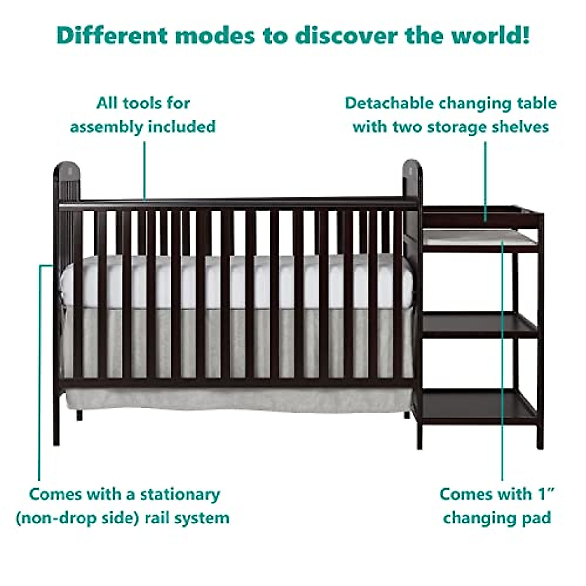Dream On Me Anna 3-in-1 Full-Size Crib and Changing Table Combo in Espresso, Greenguard Gold Certified, Non-Toxic Finishes, Includes 1" Changing Pad, Wooden Nursery Furniture