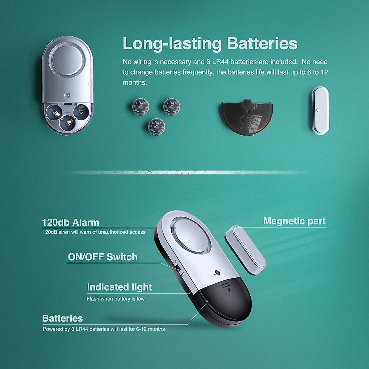 120 DB Loud Door and Window Open Alarm Sensor 2 Pack for Kids, Dementia Patients Safety, Wireless Security Alarms Keep Your Home, Pool, Cabinet, Business Safe