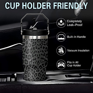 30oz Insulated Leopard Tumbler with Handle, Featuring a Leak-proof 2-in-1 Lid and Straw, a Vacuum-insulated Travel Coffee Mug, Portable Stainless Steel Water Bottle, Suitable for Both Women and Men