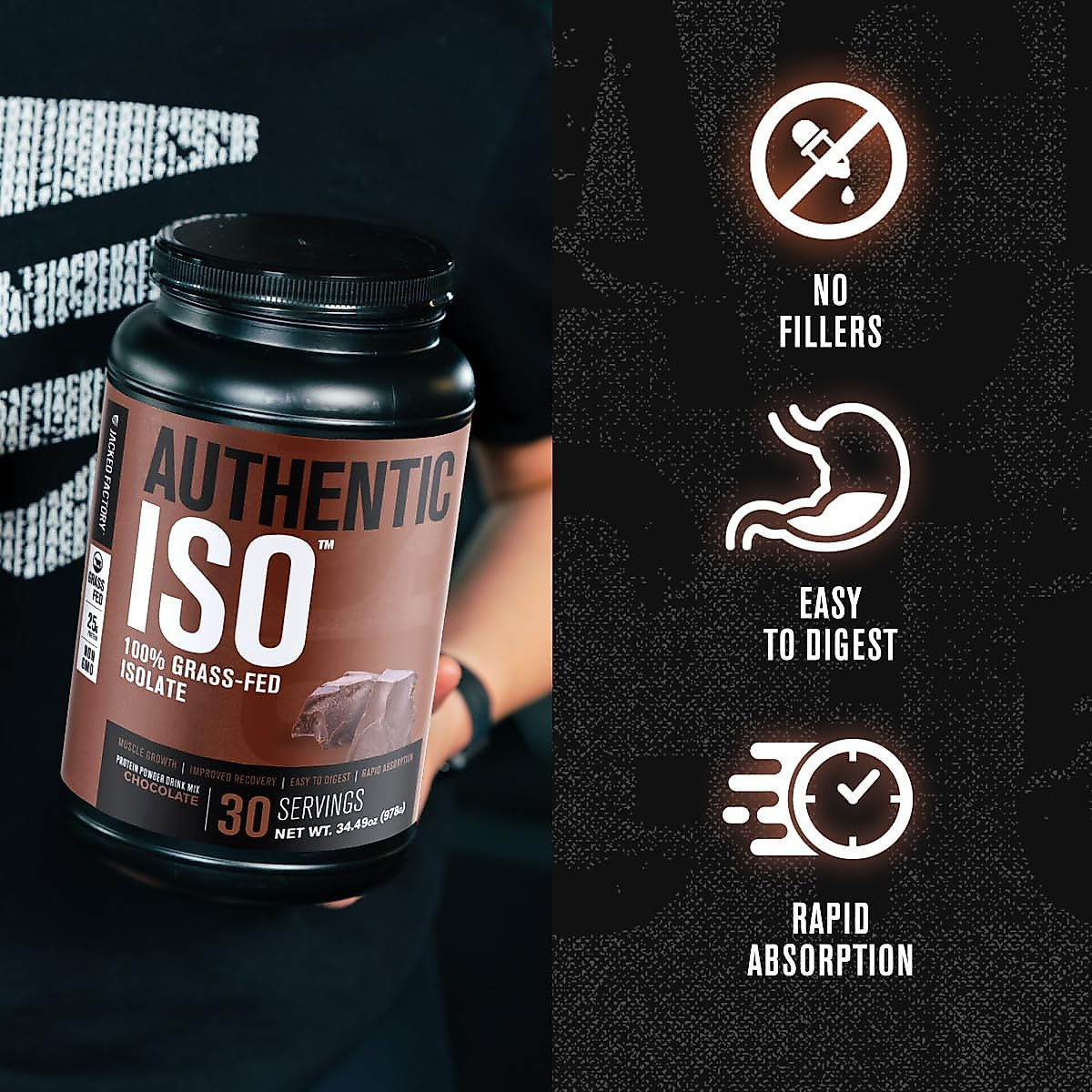 Jacked Factory Authentic ISO Grass Fed Whey Protein Isolate Powder - Low Carb, Non-GMO Muscle Building Protein w/No Fillers, Post Workout Recovery, Chocolate