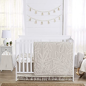 Sweet Jojo Designs Boho Fringe Boy or Girl Baby Nursery Crib Bed Skirt Dust Ruffle - Gender Neutral Beige Tan Taupe Linen Tassel Macrame for Bohemian Woodland Farmhouse Botanical Leaf Collection