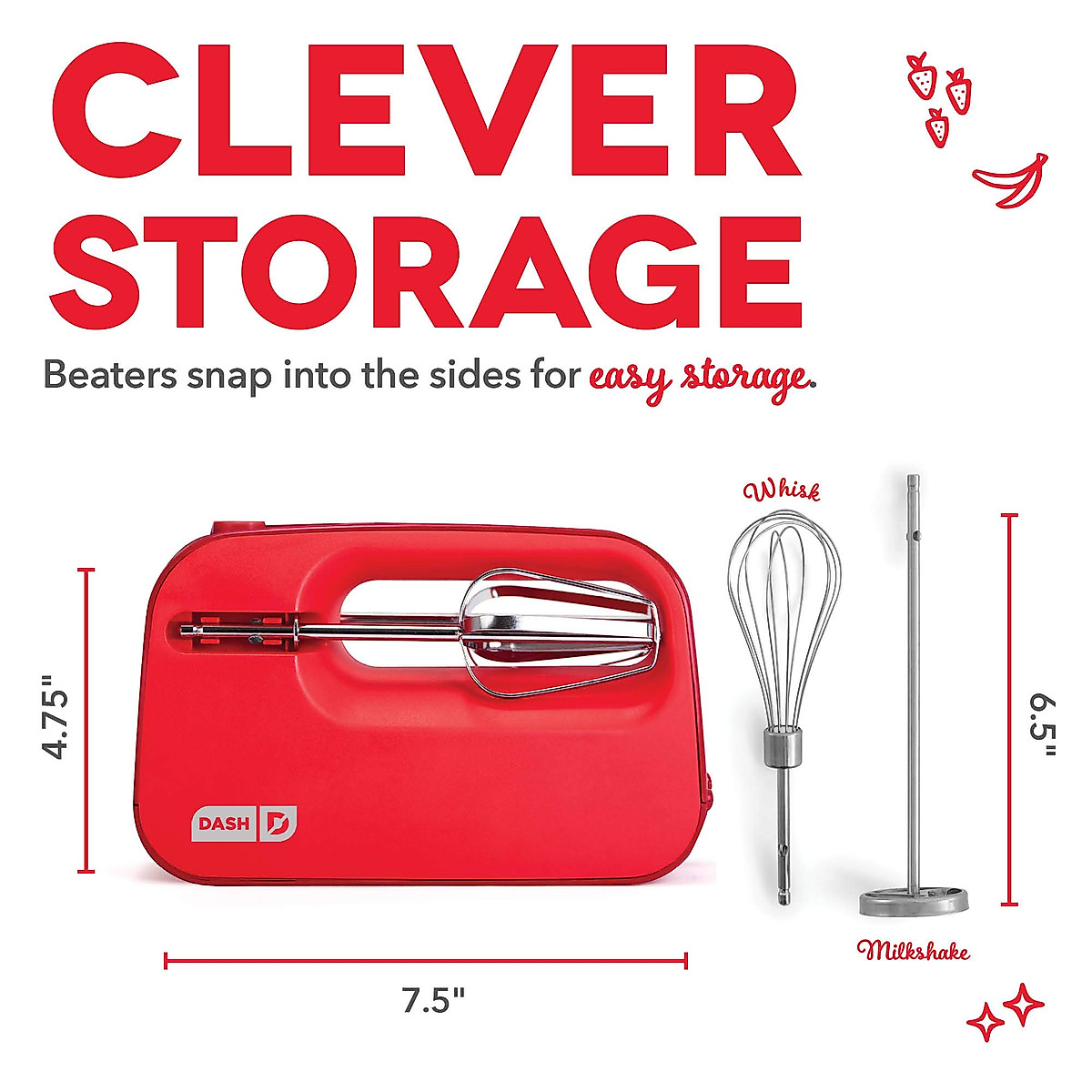 Dash SmartStore™ Deluxe Compact Electric Hand Mixer + Whisk and Milkshake Attachment for Whipping, Mixing Cookies, Brownies, Cakes, Dough, Batters, Meringues & More, 3 Speed, 150-Watt – Red