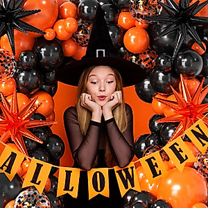 138Pcs Orange and Black Halloween Balloons Arch Kit with Stars - 5 10 12 18 inch Black Orange Garland Confetti Latex Party Balloons for Halloween Birthday Party Decorations