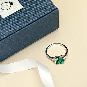 PEORA Created Emerald Ring in 14K White Gold with Genuine White Topaz, Designer Cushion Cut, 2 Carats, Comfort Fit, Size 8