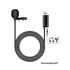 USB Lavalier Microphone, 6.6FT Onidirectional Condenser Lapel Mic with Headphones Jack for Audio Video Recording, YouTube, Interview, Tiktok, PC, Computer, Mac, Gaming, Podcasting, Live Streaming