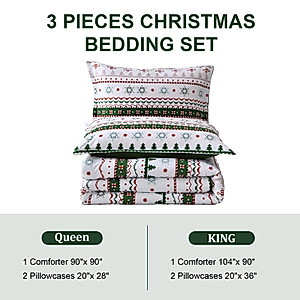 Dinjoy Christmas Comforter Set King Size, Green White Snowflake Christmas Tree Printed Pattern Holiday Bedding Set 3 Pieces, Soft Microfiber Xmas Holiday New Year Gift Bed Comforter 104" x 90"