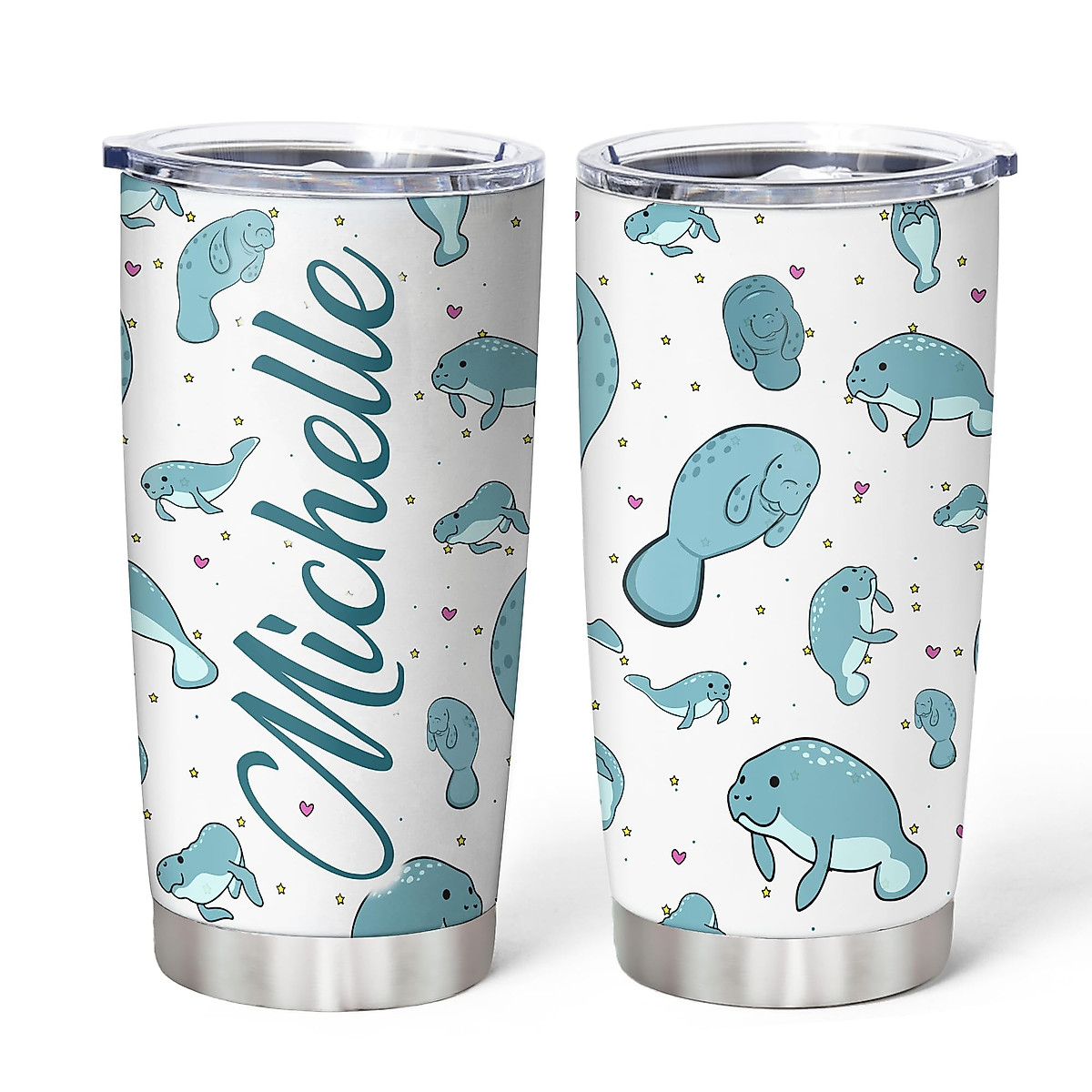 Hyturtle Personalized Gifts Manatee Lover - Manatees Printed Customized Name Stainless Steel Tumbler 20 oz With Lid - Idea Cute Sea Animal Lover Gifts For Women, Girl, Kids On Birthday, Christmas