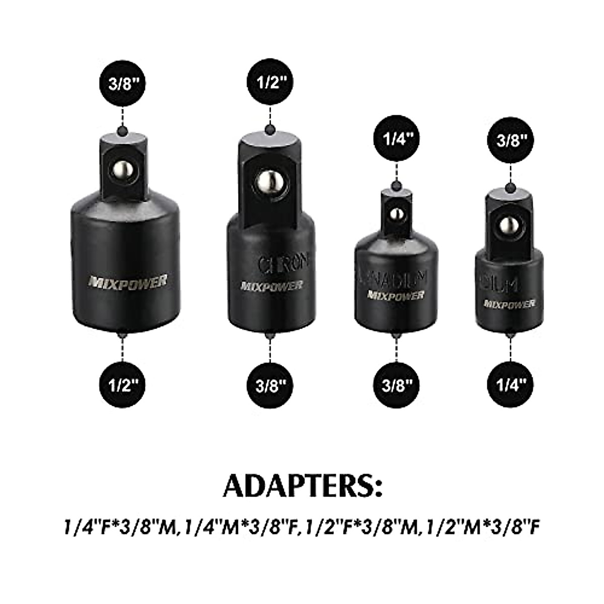 MIXPOWER 18 Pieces Drive Tool Accessory Set, CR-V Steel with Black Phosphate Finish, Includes Socket Adapters, Extensions and Universal Joints and Impact Coupler, Professional Socket Accessories