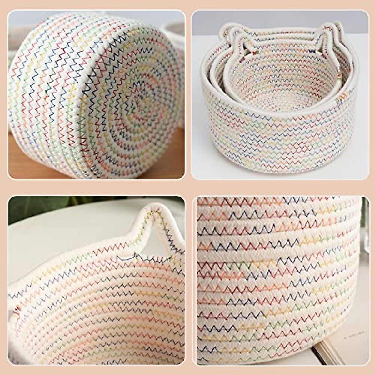 Hizibesty 3 Pack Cotton Rope Storage Baskets Bin Stackable Decorative Woven Basket with Cut Cat Ears Design for Clothes, Toy, Makeup, Books, Towels, Nursery