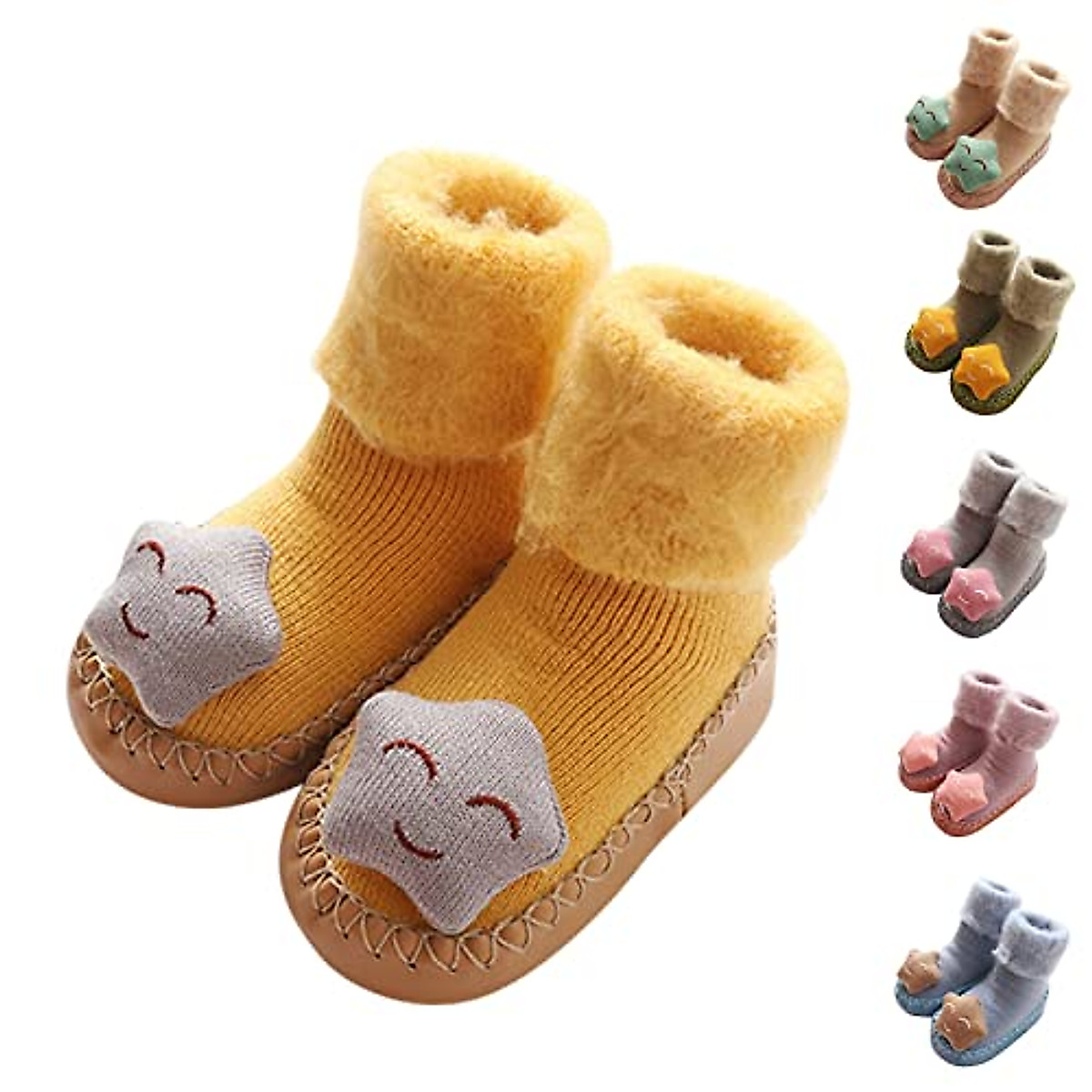 Lykmera Cute Fleece Socks Shoes Toddler Kids Boys Girls Walking Shoes Flat Bottom Floor Socks Shoes Non Slip Cartoon Shoes (Beige, 18-24 Months)