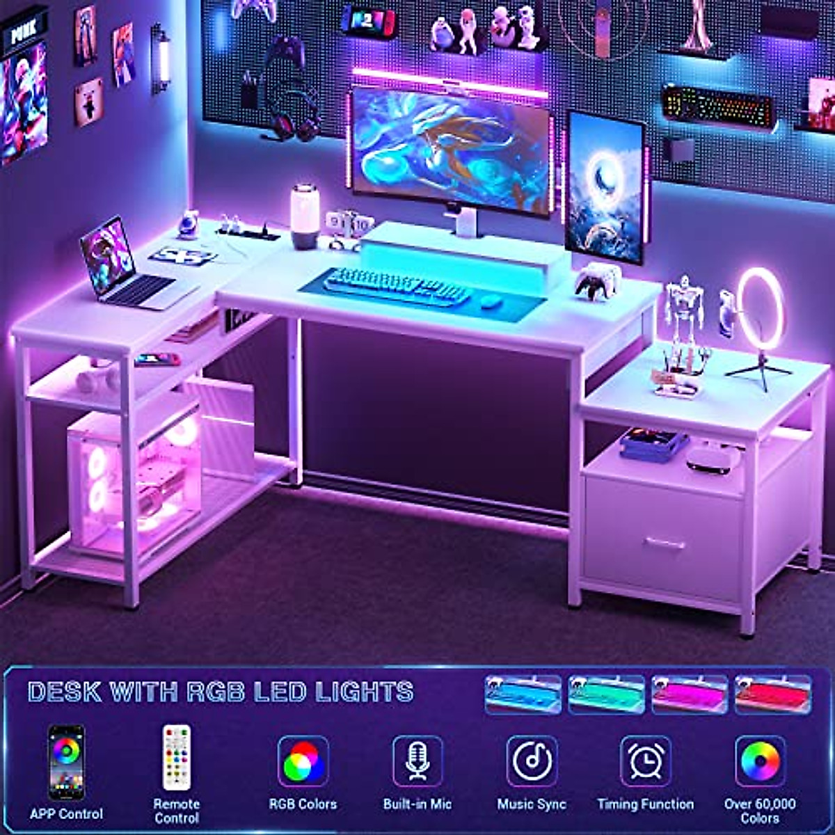 Aheaplus L Shaped Desk with Power Outlet, Standing Home Office Desk with Lift Top and File Drawer, 63'' Corner Computer Desk with Monitor Stand&Printer Shelves, Gaming Desk with Led Lights, White