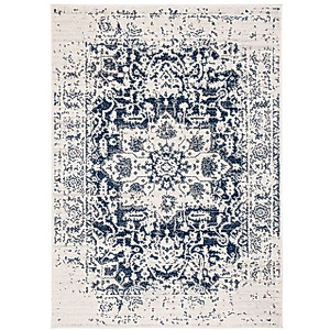 SAFAVIEH Madison Collection Area Rug - 6'7" x 9'2", Cream & Navy, Snowflake Medallion Distressed Design, Non-Shedding & Easy Care, Ideal for High Traffic Areas in Living Room, Bedroom (MAD603D)