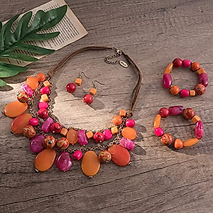 Bocar 2 Layer Statement Necklace Set Chunky Beaded Fashion Necklace with Earrings Bracelet for Women Gifts (NK-10619-set)