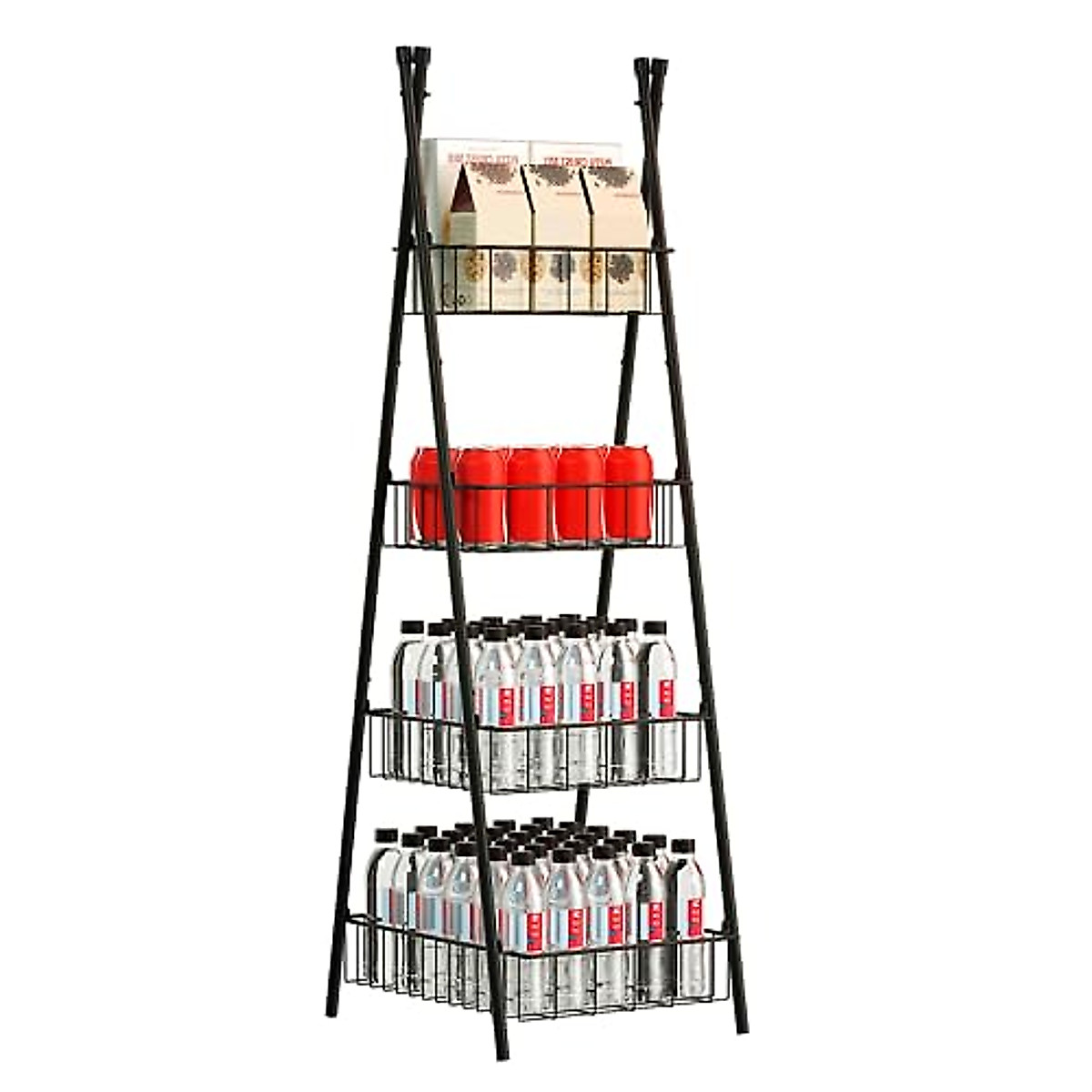 ETELI Water Bottle Organizer Storage 4 Tier Metal Drink Beverage Organizer Free Standing Triangular Water Bottle Rack Stand Holder Shelf for Kitchen Pantry, Black