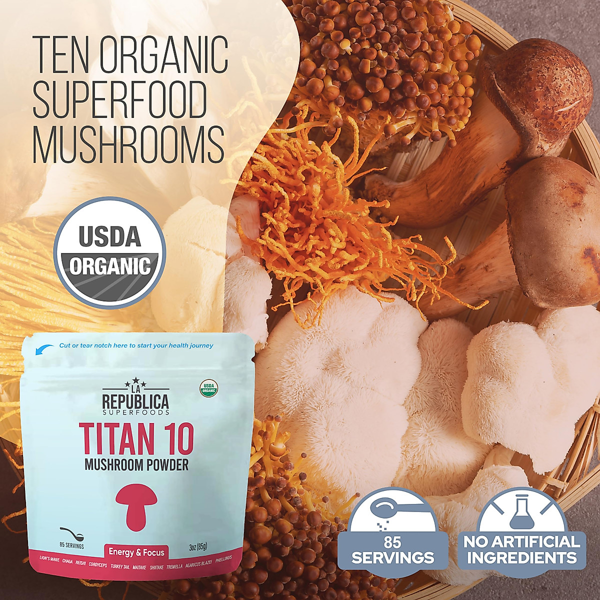 LRLA SUPERFOODS La Republica Titan 10 Organic Mushroom Powder for Focus, Immunity, Energy, Gut Health, and Skin (85 Servings, 3 oz)