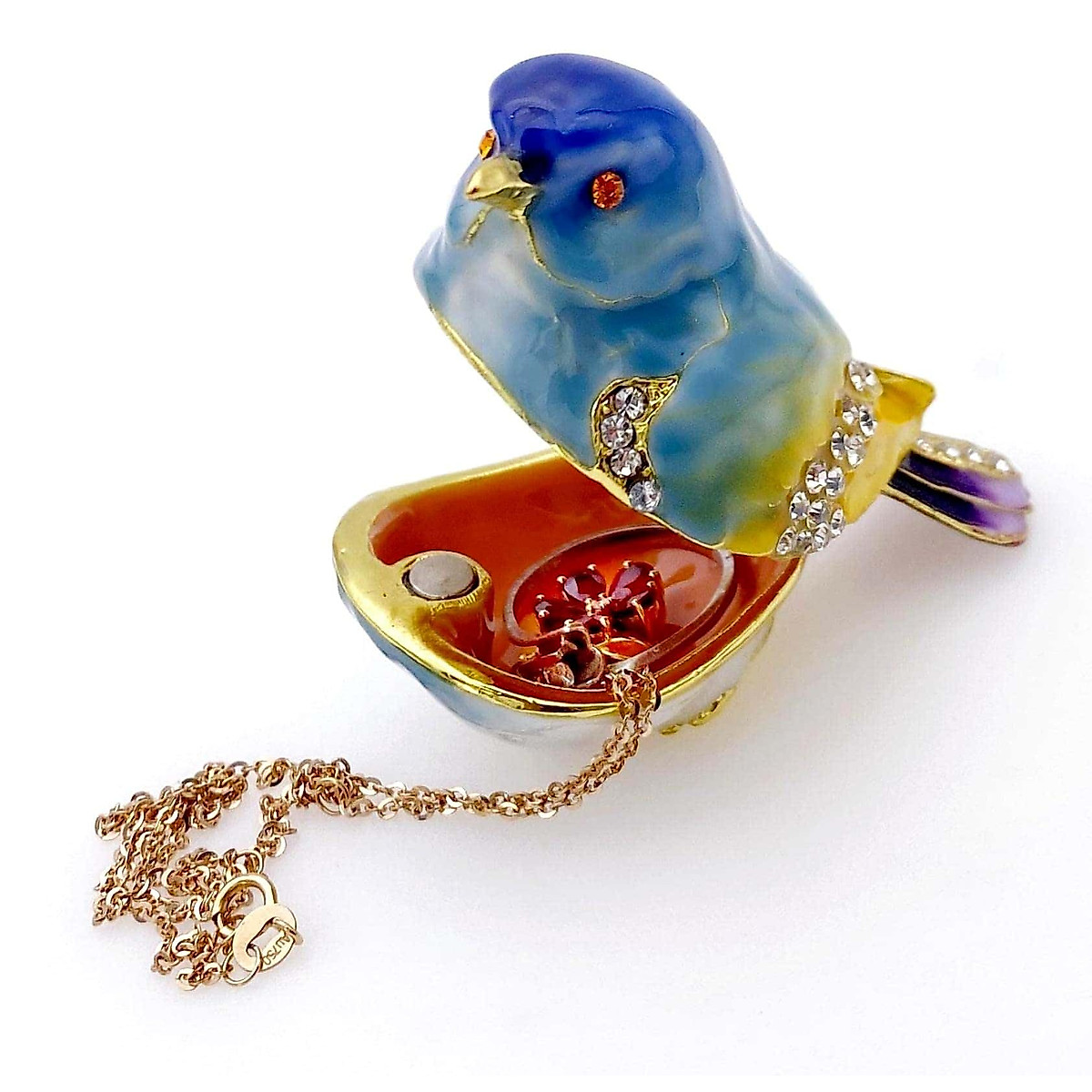 JWT Astyle Blue Mountain Bird Hinged Trinket Box with Crystal Stones .Animal Jewelry Box.Necklace Rings Earrings Storage.Bird Figurines Home Decor ,Collectible Trinket Boxes Gift ., Blue Yellow