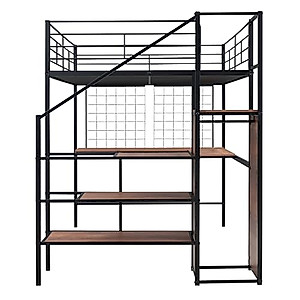 EMKK Full Size Metal Loft Bed with Desk and Metal Grid, Stylish Metal Frame Bed with Lateral Storage Ladder and Wardrobe,Loft Bed for Kids, Teens - Creative Haven for Study and Sleep