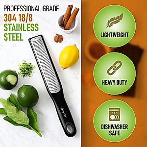 Spring Chef Premium Lemon Zester Grater with Handle - Fruits, Garlic, Chocolate, Nutmeg, Ginger Grater - Heavy Duty Kitchen Tool - Stainless Steel Citrus Zester with Blade Cover - Fine Shred, Black