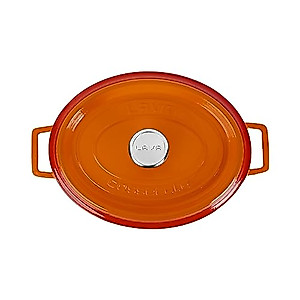 LAVA 7.5 Quarts Cast Iron Dutch Oven: Multipurpose Stylish Oval Shape Dutch Oven Pot with Glossy Sand-Colored Three Layers of Enamel Coated Interior with Trendy Lid (Orange)