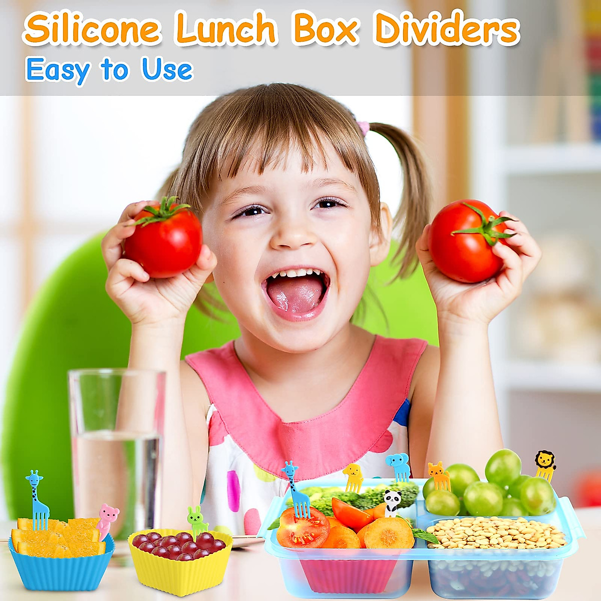 Piklodo 80Pcs Slicone Lunch Box Dividers, 60Pcs Silicone Dividers and 20Pcs Fruit Food Picks, Reusable Lunch Box Divider Inserts Multicolor Silicone Cupcake Liners Lunch Accessories