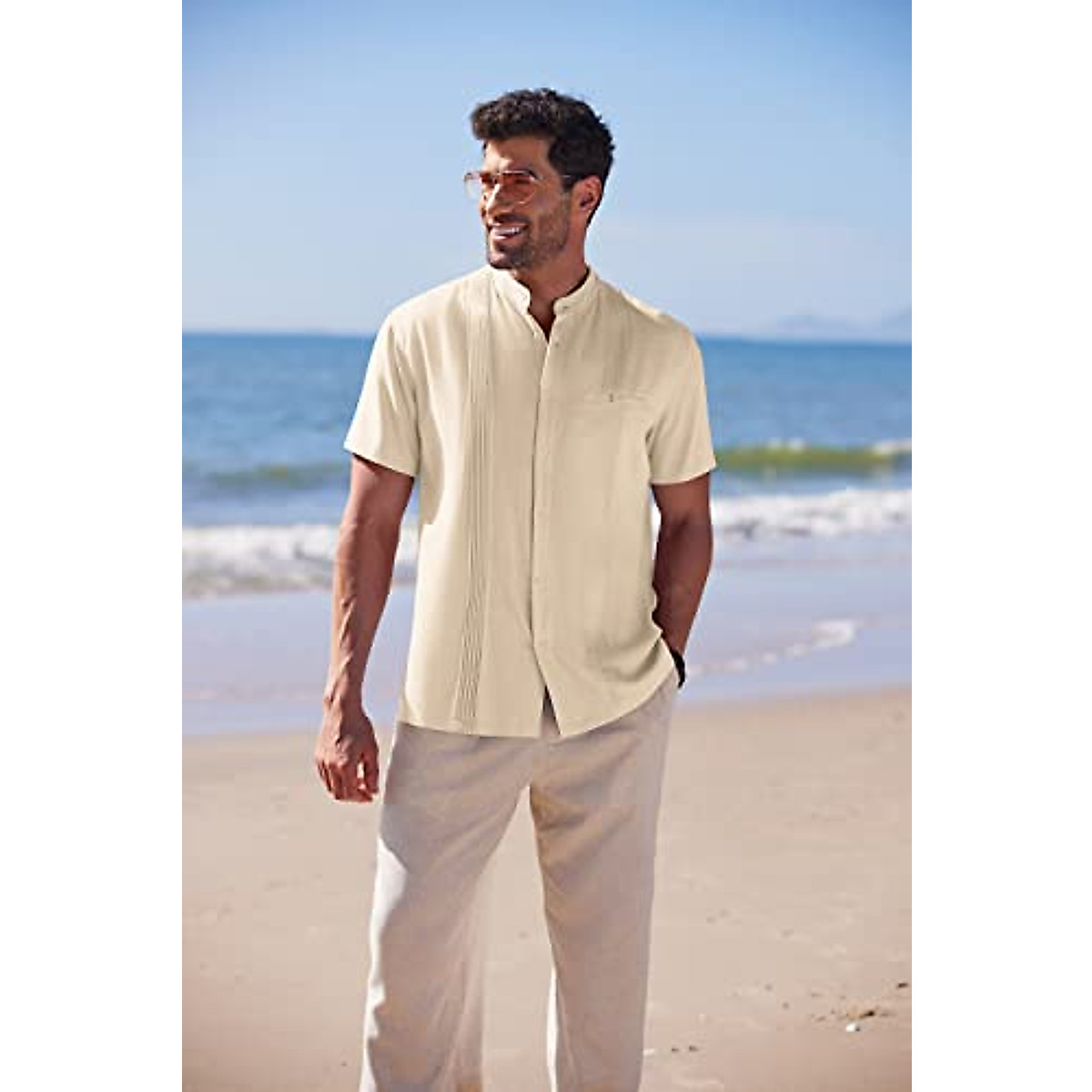 COOFANDY Men's Short Sleeve Linen Shirt Guayabera Cuban Beach Tops Band Collar Casual Button Down Shirts Khaki