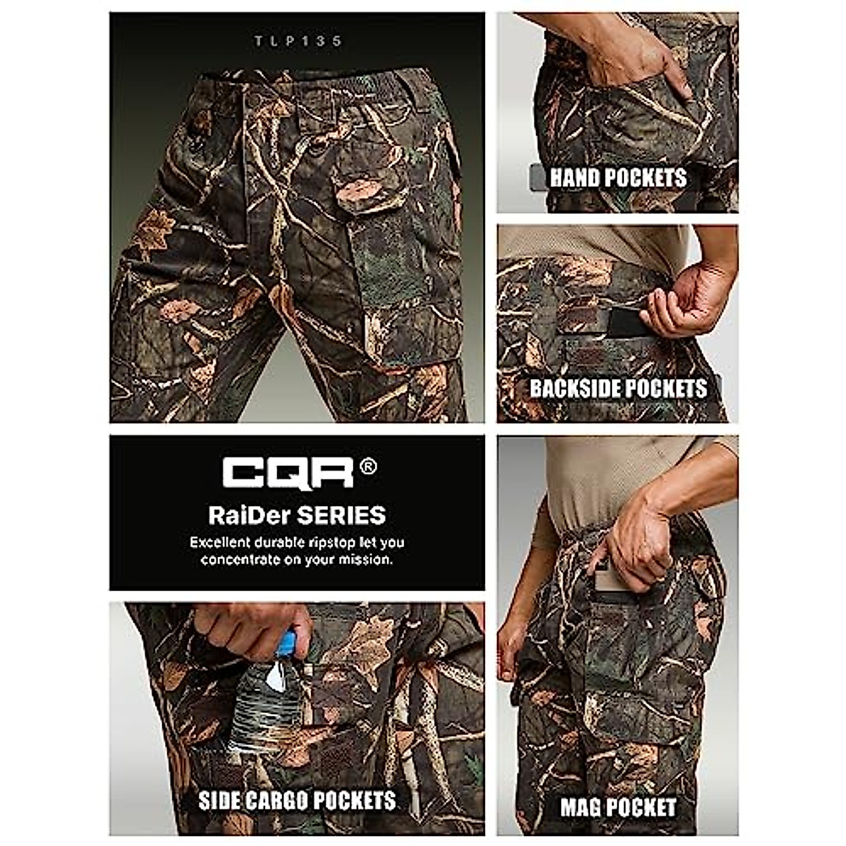 CQR Men's Tactical Pants, Water Resistant Ripstop Cargo Pants, Lightweight EDC Work Hiking Pants, Outdoor Apparel, Duratex Mag Pocket Print Hunting Camo, 36W x 32L