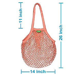 [4 Pack] Premium Mesh Grocery Bags, Reusable Produce Bags, Long Handle Net Tote Bags, 100% Cotton String Bags, Fruit and Vegetable Bags, 4 colors (Portable/Washable/Durable)