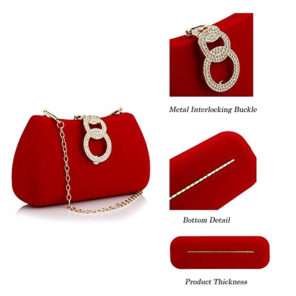 Buric Clutch Purses for Women Fashion Evening Bag Gold Clutch Small Crossbody Bag with Detachable Chain for Party/Wedding (Red)