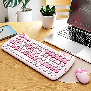 Cute Wireless Keyboard Mouse,GEEZER 2.4GHz Retro Quite Colorful Wireless Keypad Mouse, Compatible with Windows, Computer, PC, Desktop, Laptop (Pink)