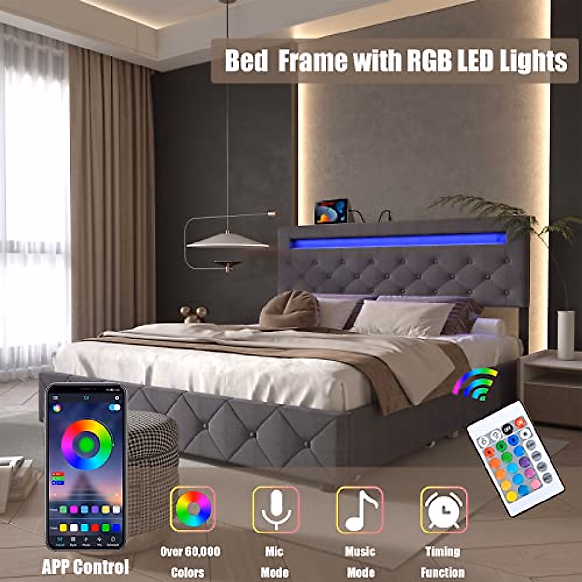 Full LED Bed Frame with Drawers, Upholstered Platform Bed Frame Full Size with Adjustable Button Tufted Headboard and 2 USB Ports, Solid Wooden Slats Support, Dark Grey