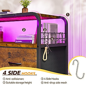 EnHomee Dresser for Bedroom with LED Lights & Charging Station, 7 Drawer Dresser with Open Shelf, Fabric Bedroom Dressers & Chest of Drawers for Closet, Entryway, Hallway, 4 Hooks, Rustic Brown