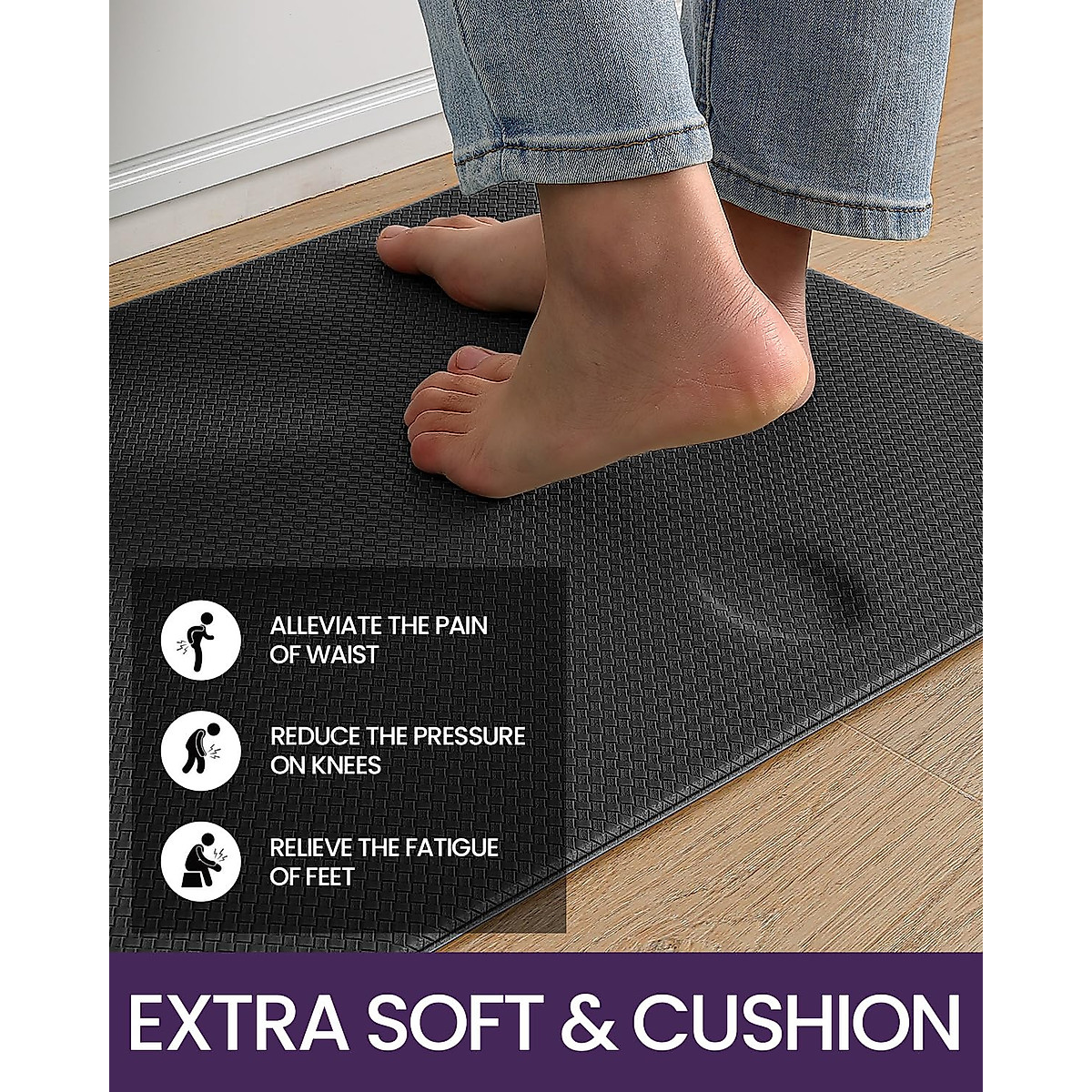 DEXI Kitchen Floor Mats Cushioned Anti Fatigue,17x29+17x59, Standing Runner Rug Waterproof, Comfort Memory Foam Padded for Front Sink Laundry Set of 2, Black