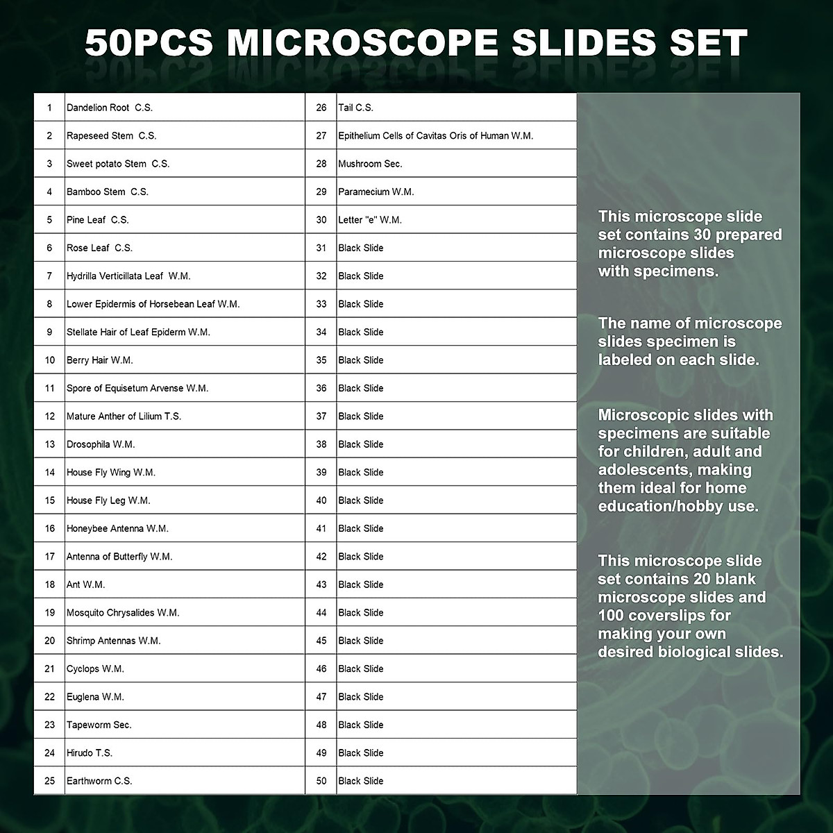 50 Microscope Slides and 100 Covers Set - 30 Prepared Microscope Slides with Specimens, 20 Blank Microscope Slides and 100 Microscope Coverslips - Microscope Slides for Kids Students Homeschool Use