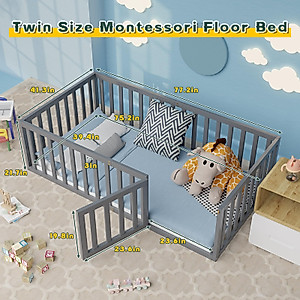 Zevemomo Twin Size Floor Bed for Kids & Children, Twin Montessori Floor Beds with Safety Guardrails and Door, Wood Beds for Kids & Childrens, Boys and Girls, Easy Assembly(Grey)