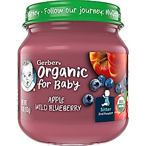 Gerber Purees Organic 2nd Foods Apple Wild Blueberry Baby Food Glass Jar (Pack of 6)