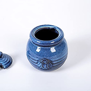 Cutiset Ceramic Honey Pot with Lid and Dipper, 20oz rustic Honey Jar (Blue)