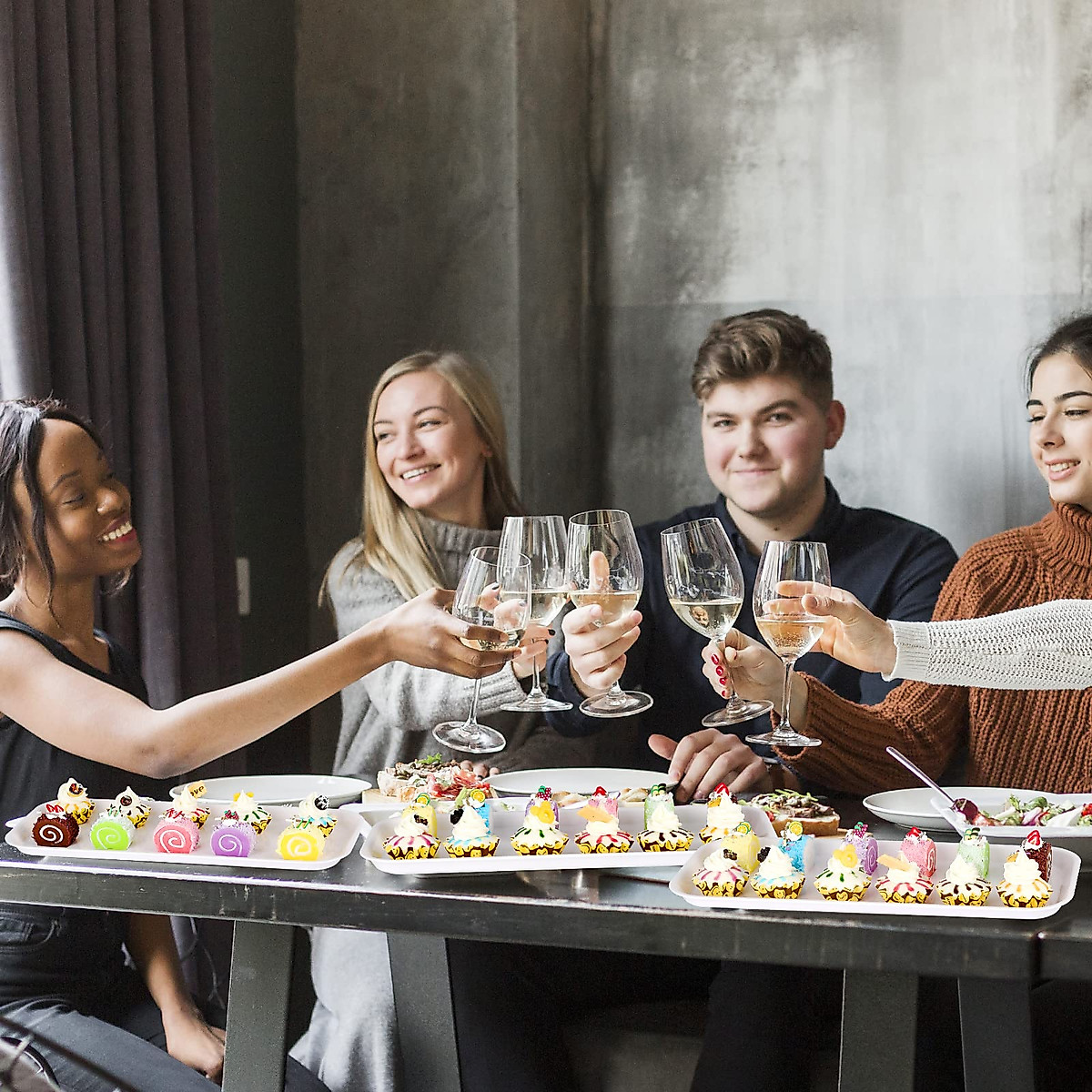 4 Pack White Cracker Tray 15x6inch Large Appetizer Serving Tray Plastic White Trays for Dessert Table Rectangular Long Food Trays for Food Appetizers Desserts