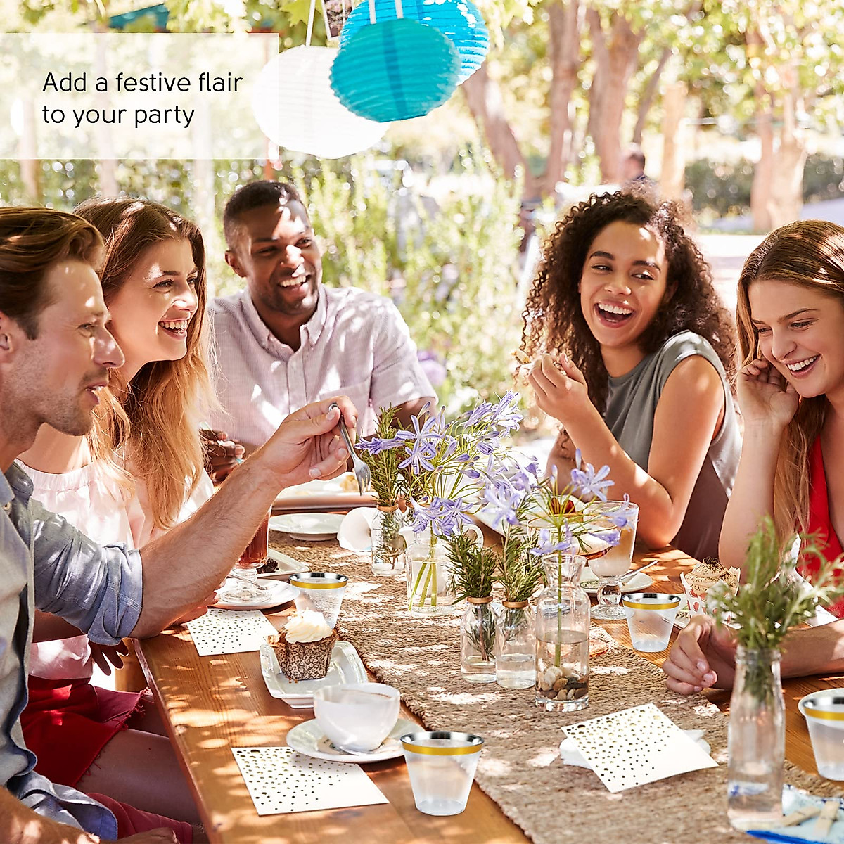 Essential Concierge Stylish Gold-Rimmed Plastic Cups, 9 oz - 100 Disposable with Gold Napkins