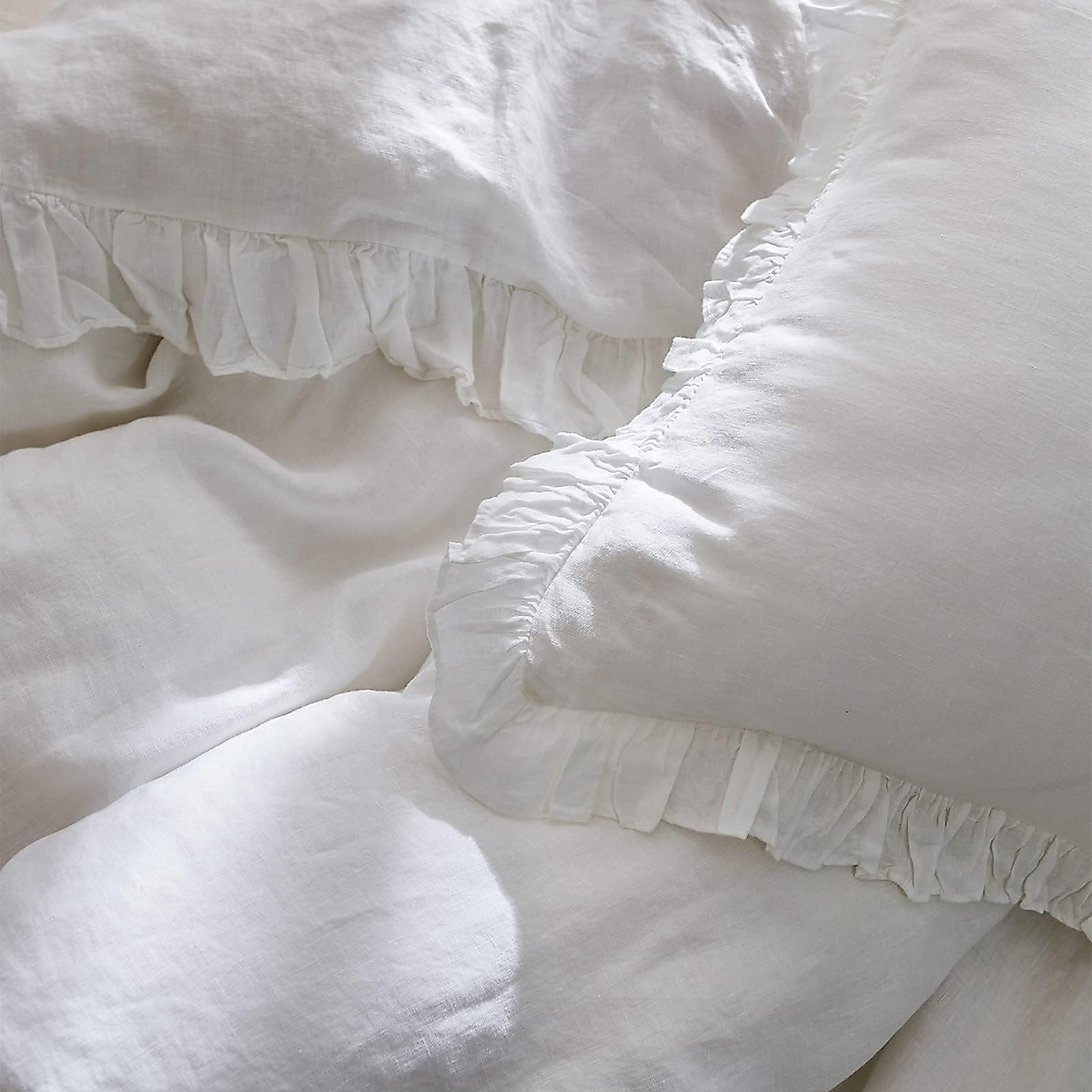 Simple&Opulence 100% Linen Duvet Cover Set, 3 PCS Natural French Flax White Ruffle Duvet Cover King Size, Breathable Comfy Linen Bedding Comforter Cover with 2 Pillowcases (White, 104"X92")